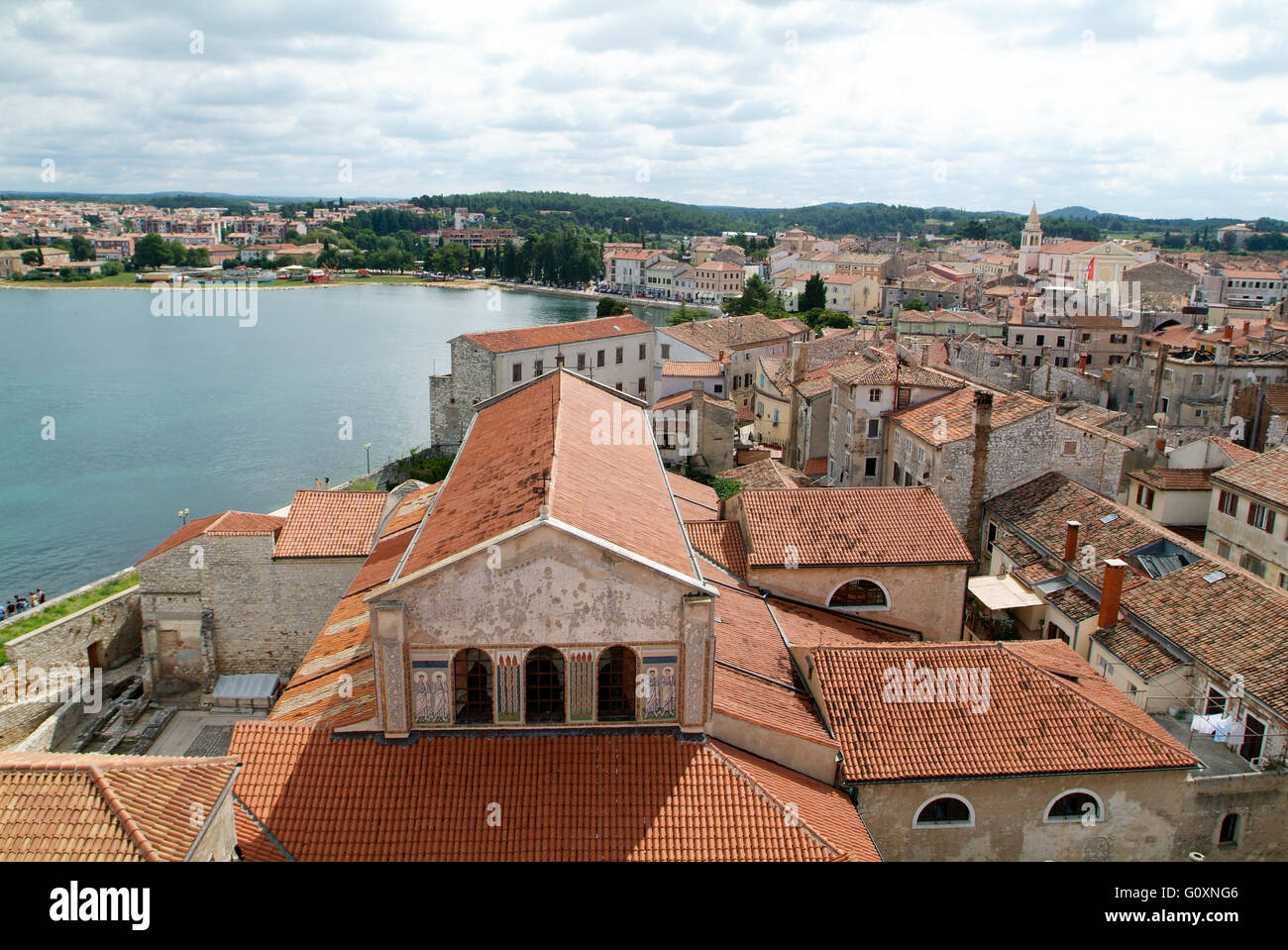 Aerial view over the roofs of the famous Croatian town Porec Stock ...