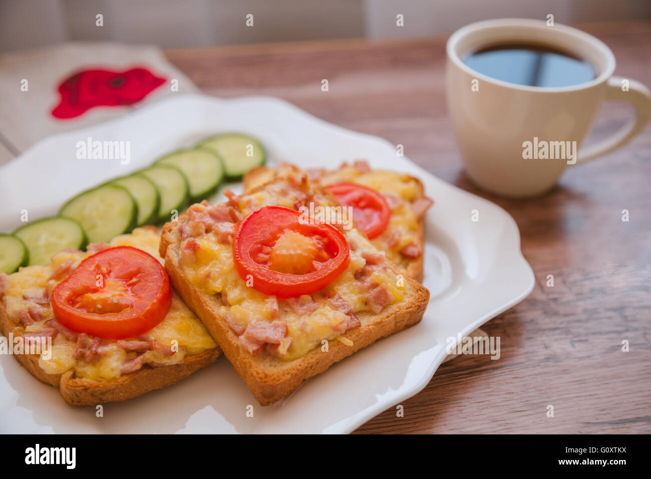 Morning breakfast: homemade toasted open sandwich with ham and cheese ...