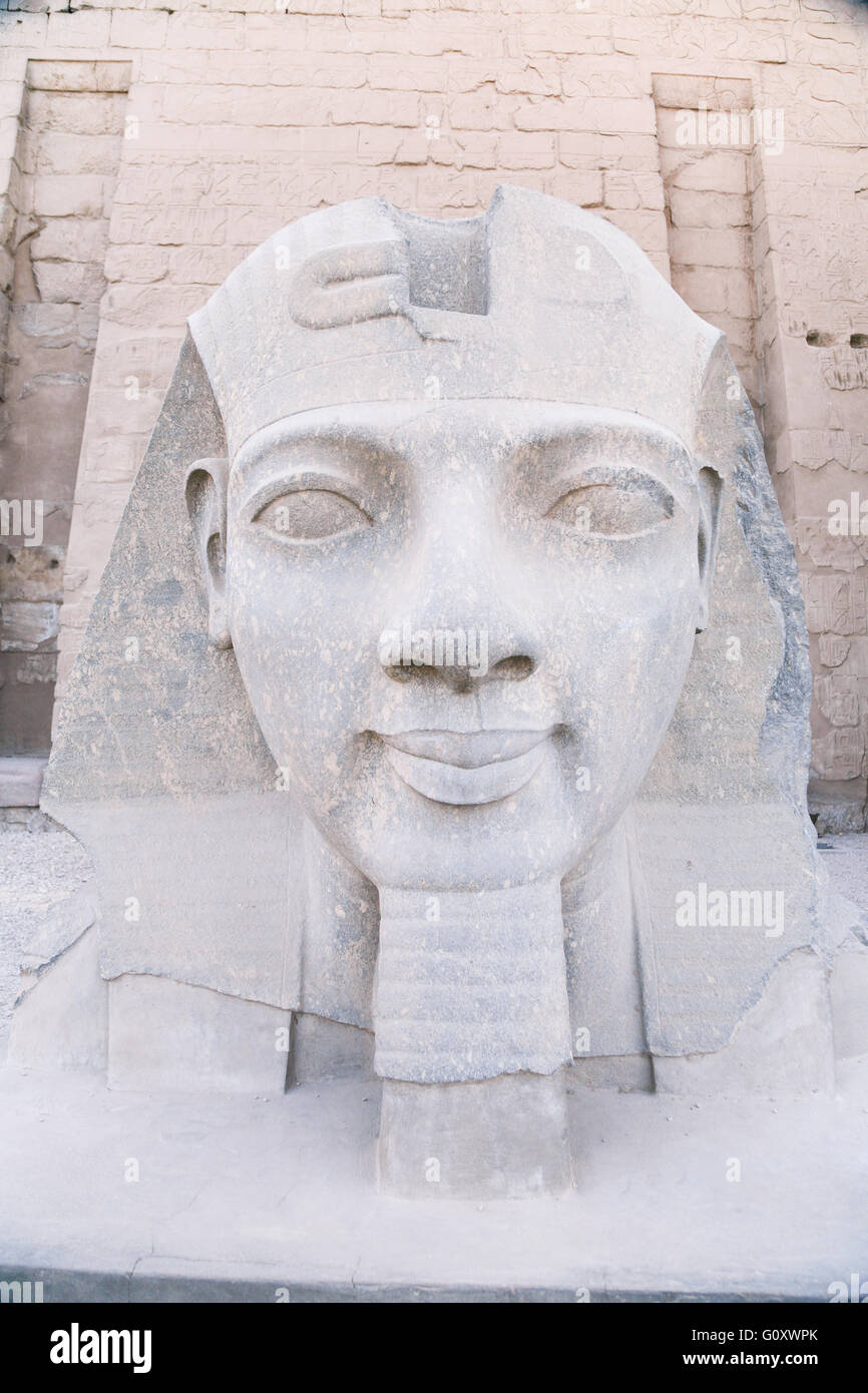 landmark sculpture statue of head and face pharaoh Ramses II, in monument Luxor temple, in ...
