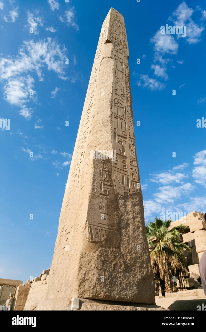 big obelisk with carving figures and hieroglyphs in landmark Egyptian ...