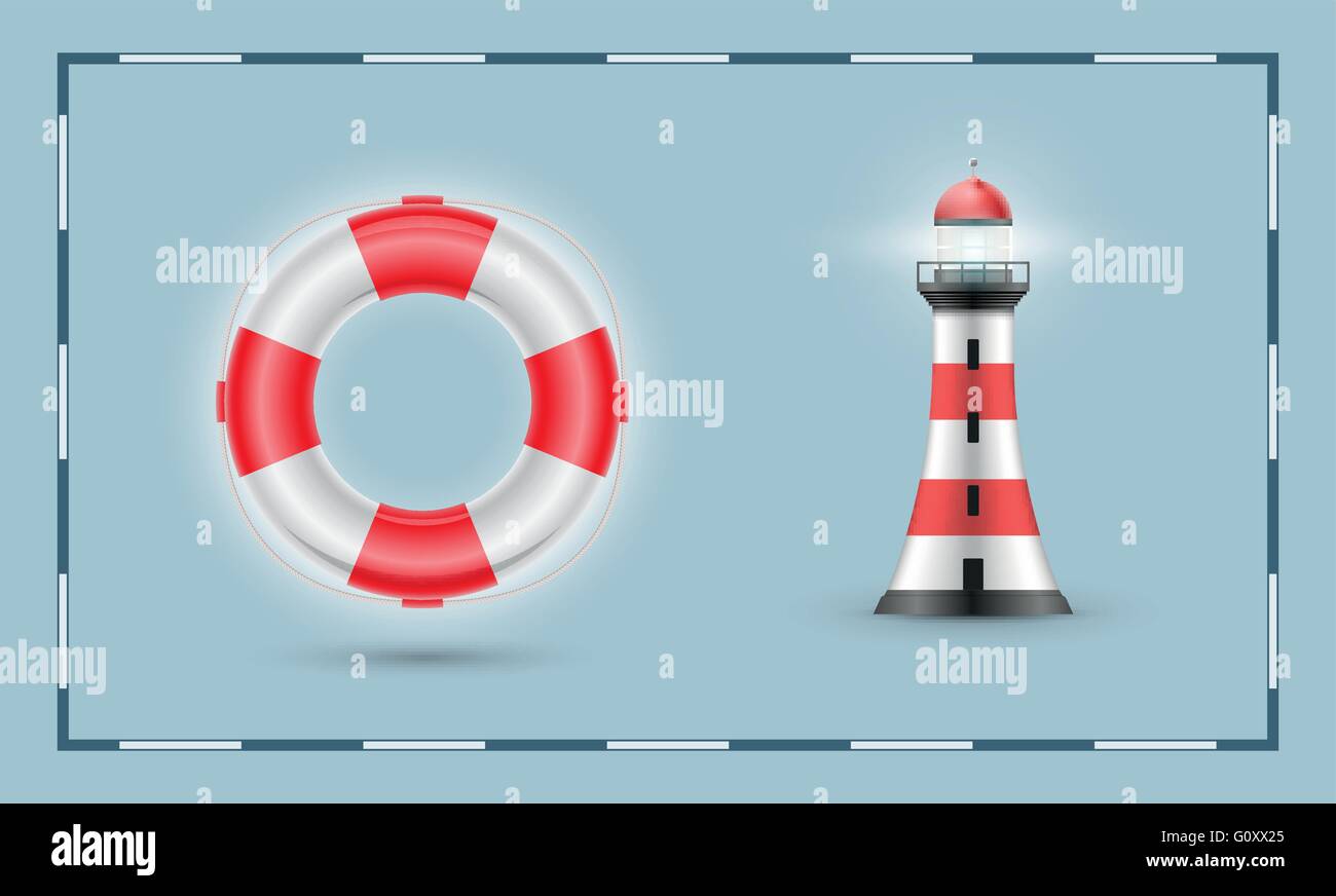Vector illustration of lighthouse and life buoy. Elements are layered ...
