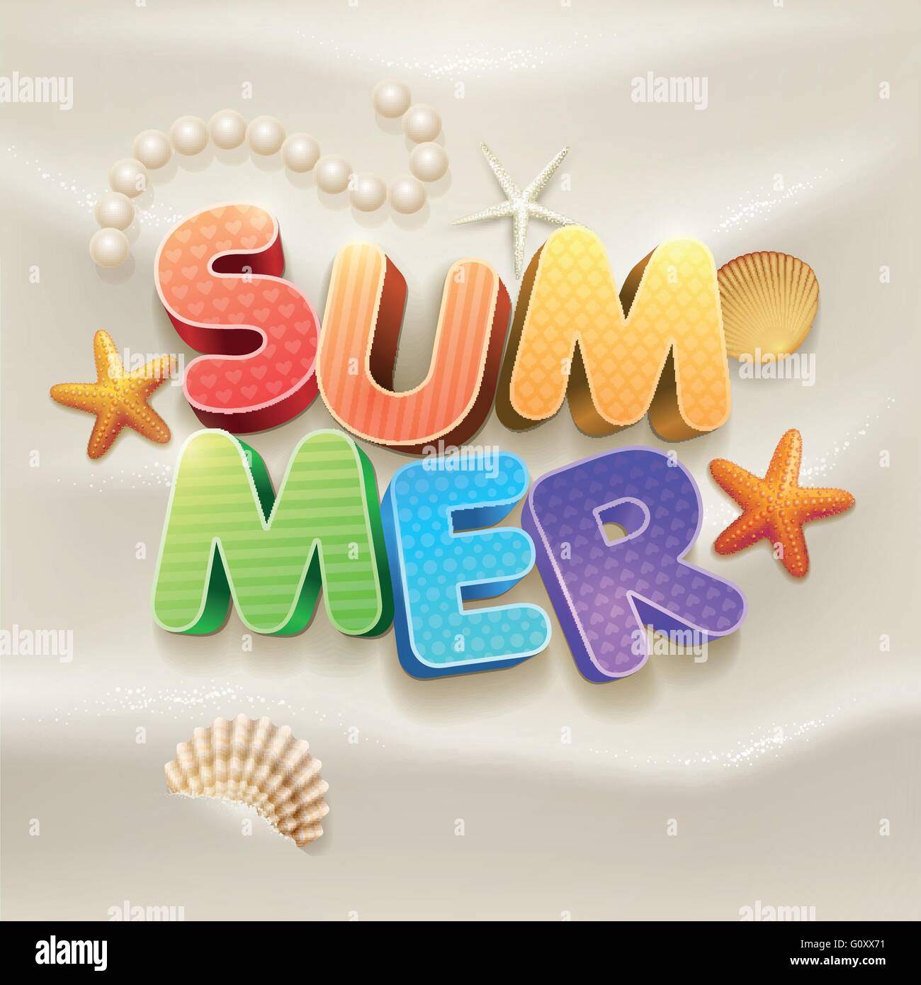 3d summer text on the sand design template. Elements are layered ...