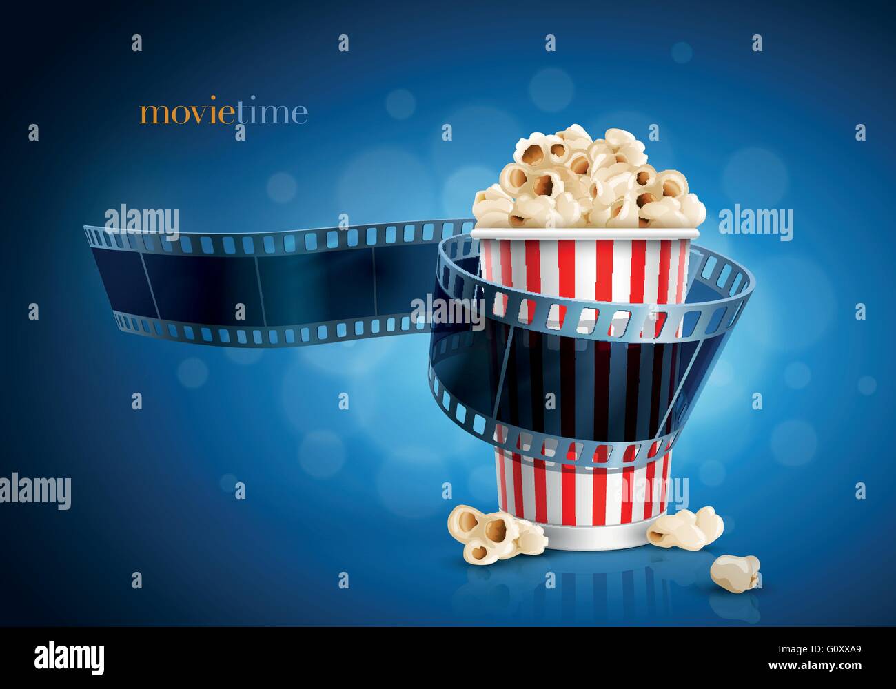 Camera film strip and popcorn on blue defocus background. Detailed ...