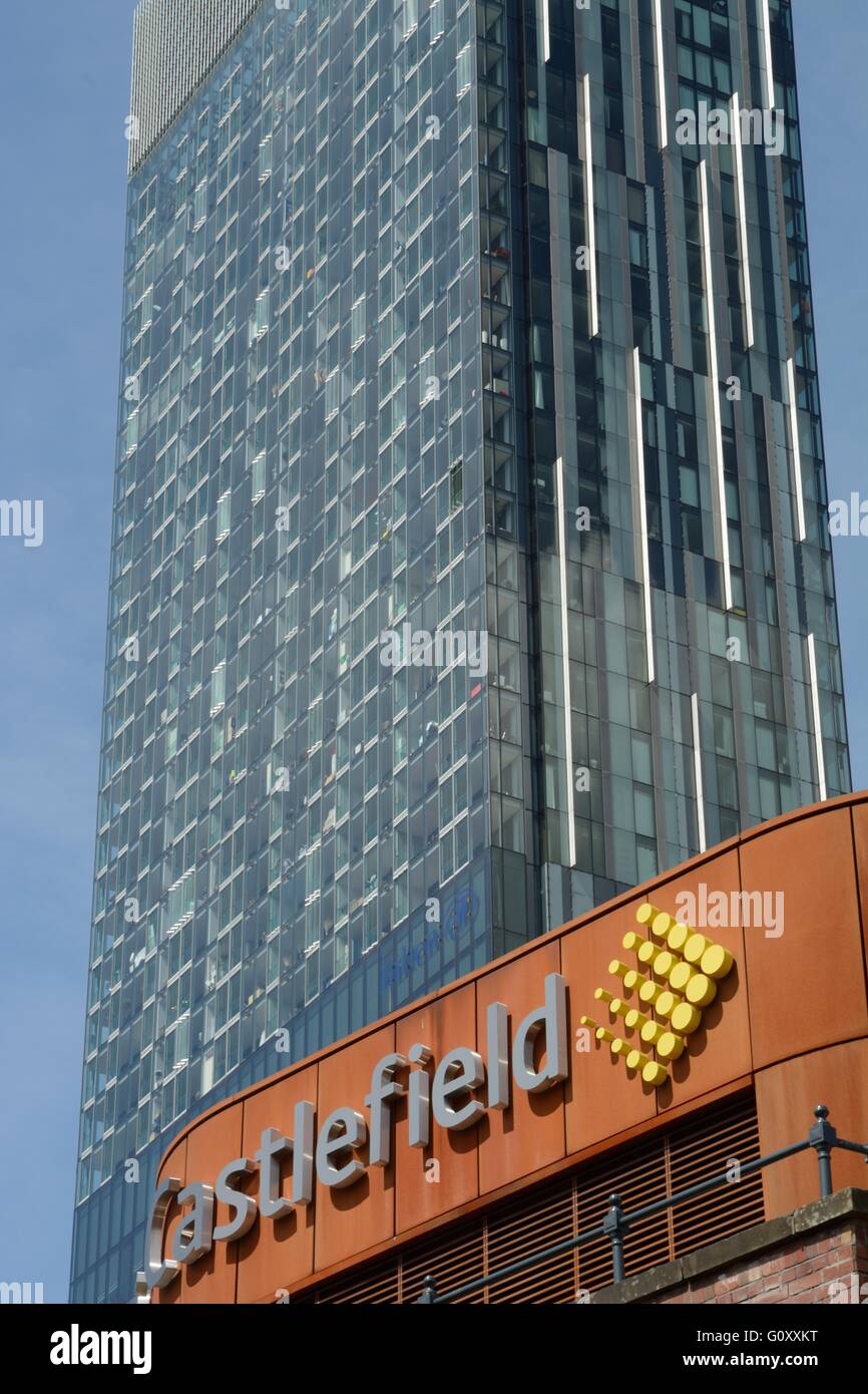 Deansgate Castlefield tram stop, city centre Manchester. Beetham Tower ...