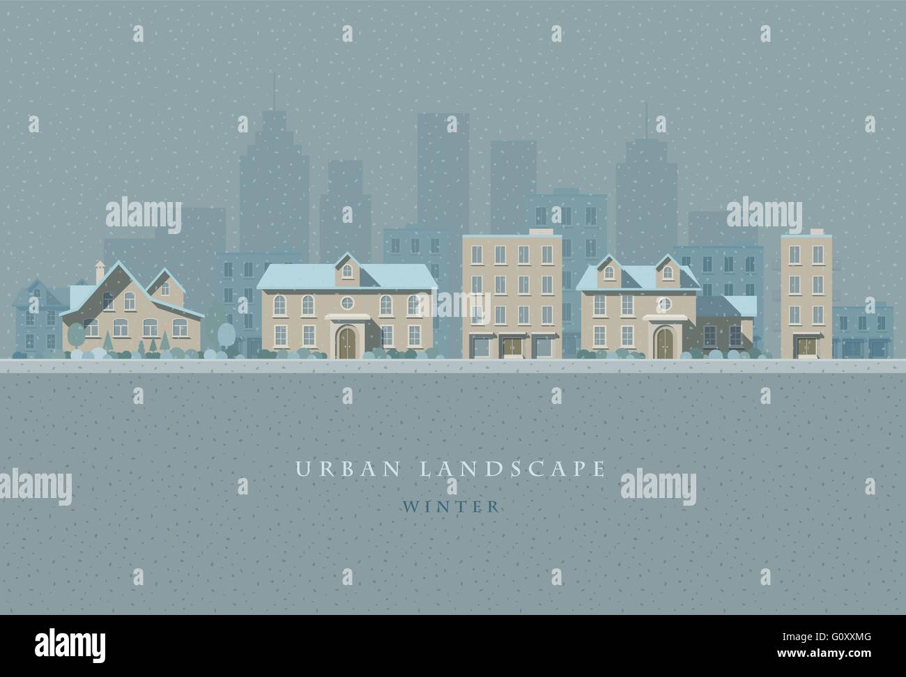 Vector flat illustration of winter snowly city landscape. Elements are ...