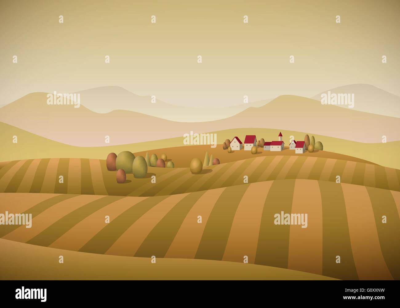 Vector illustration of little village landscape with fields. Autumn ...