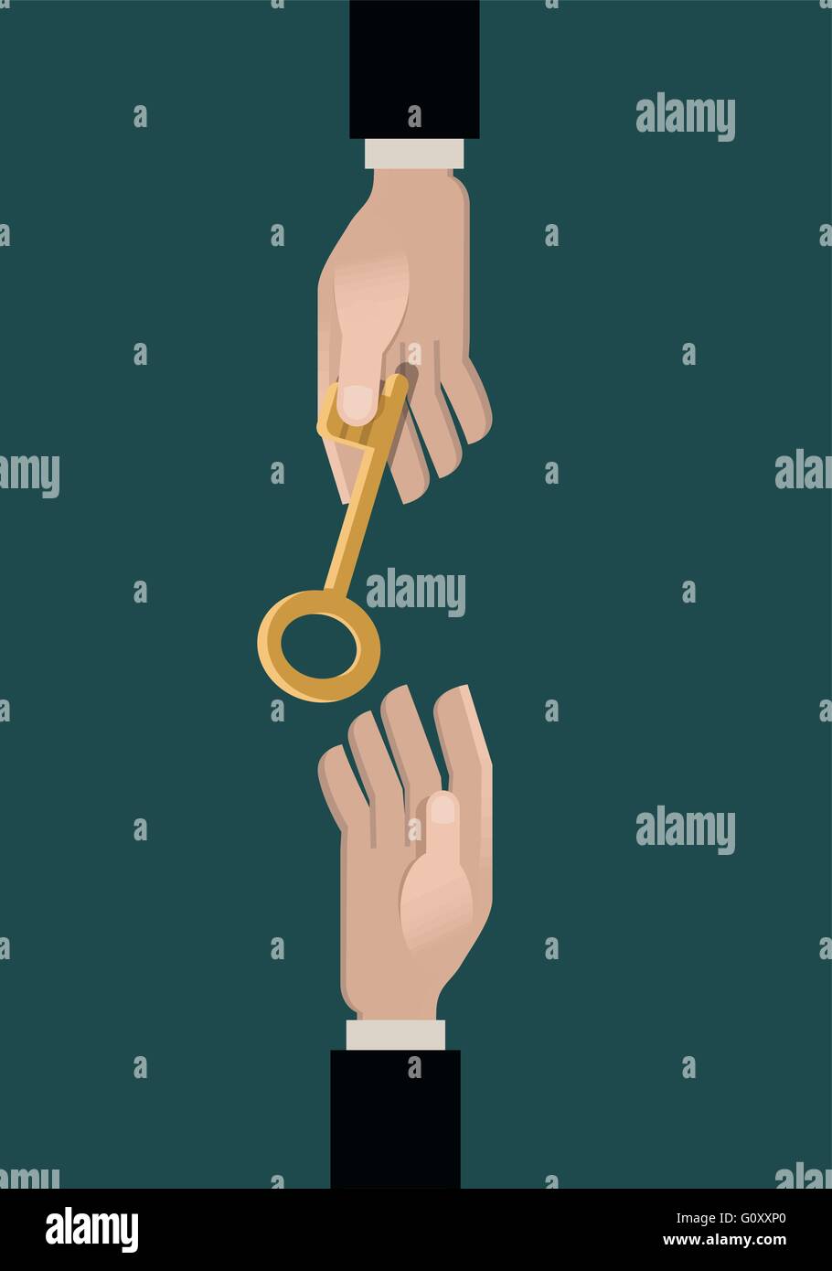 A hand giving a golden key another hand. Vector flat illustration Stock ...