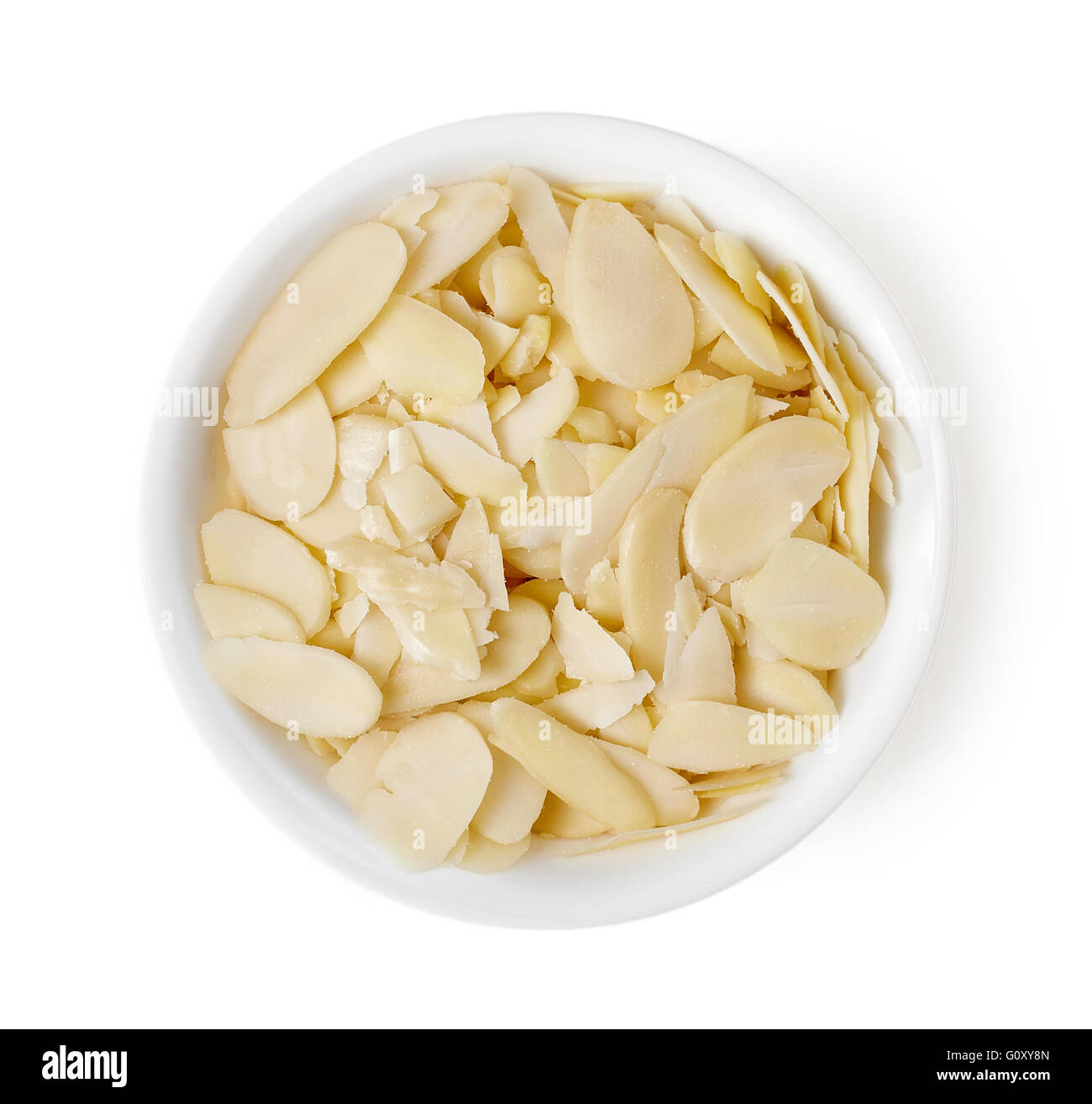 Bowl of almond slices isolated on white background, top view Stock ...
