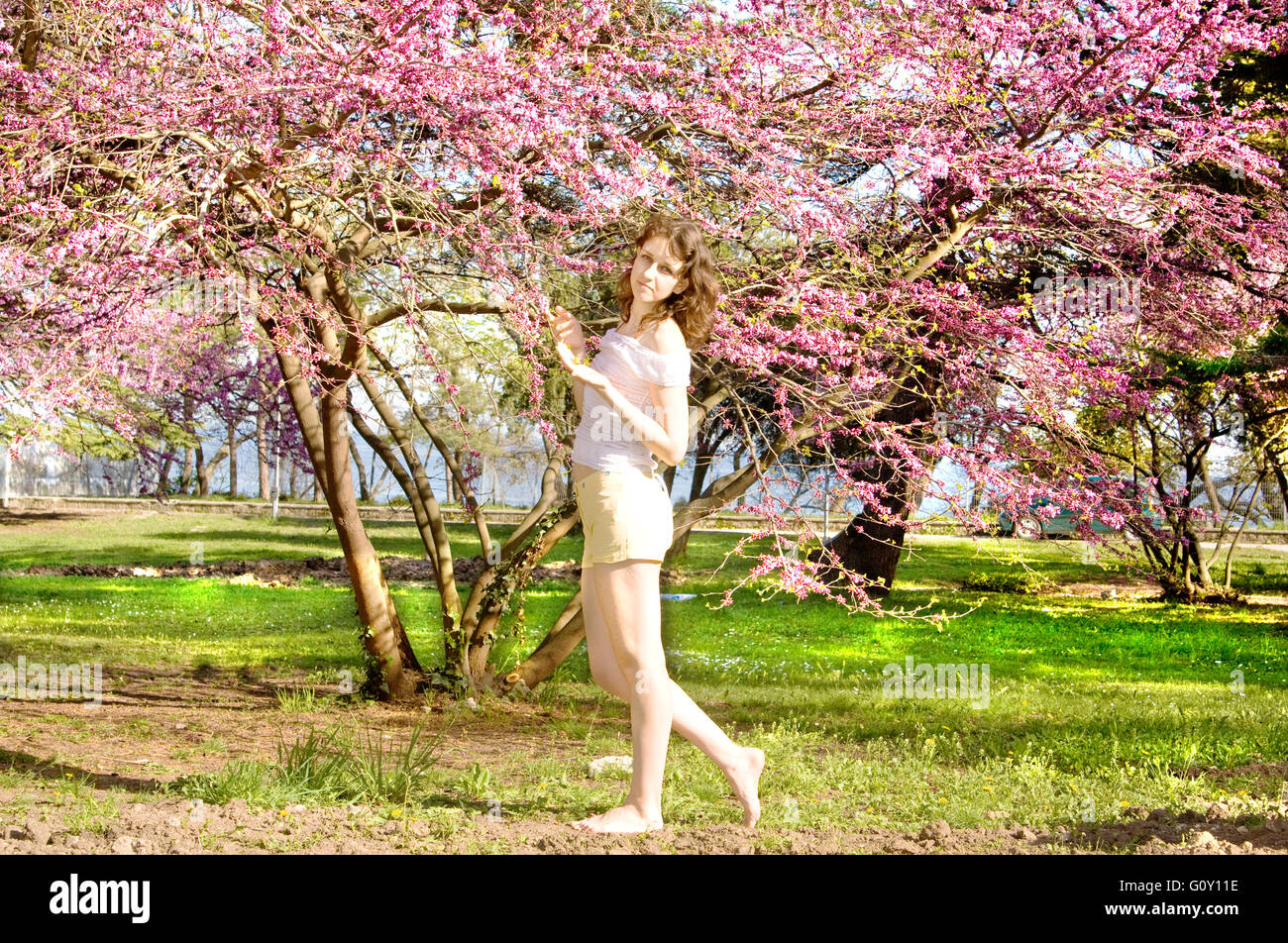 Woman stands near tree walking hi-res stock photography and images - Alamy