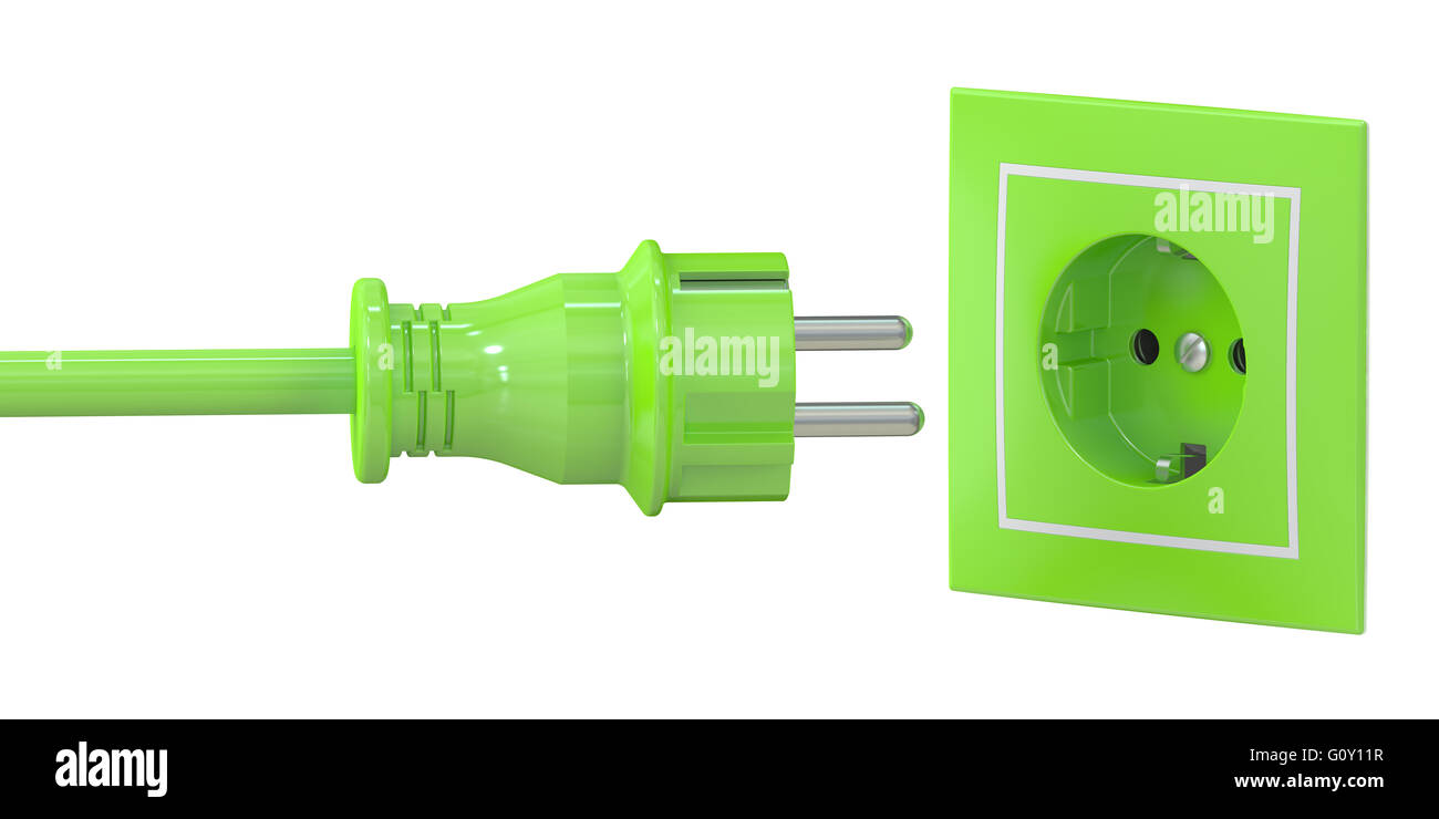 Green electric plug and socket, green energy concept. 3D rendering ...