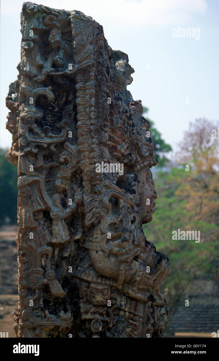 Lateral view of a stela H in Copan Ruins, an archaeological site of the ...