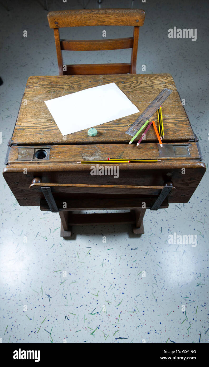 Old wooden school exam desk ready for a student to sit an exam Stock ...