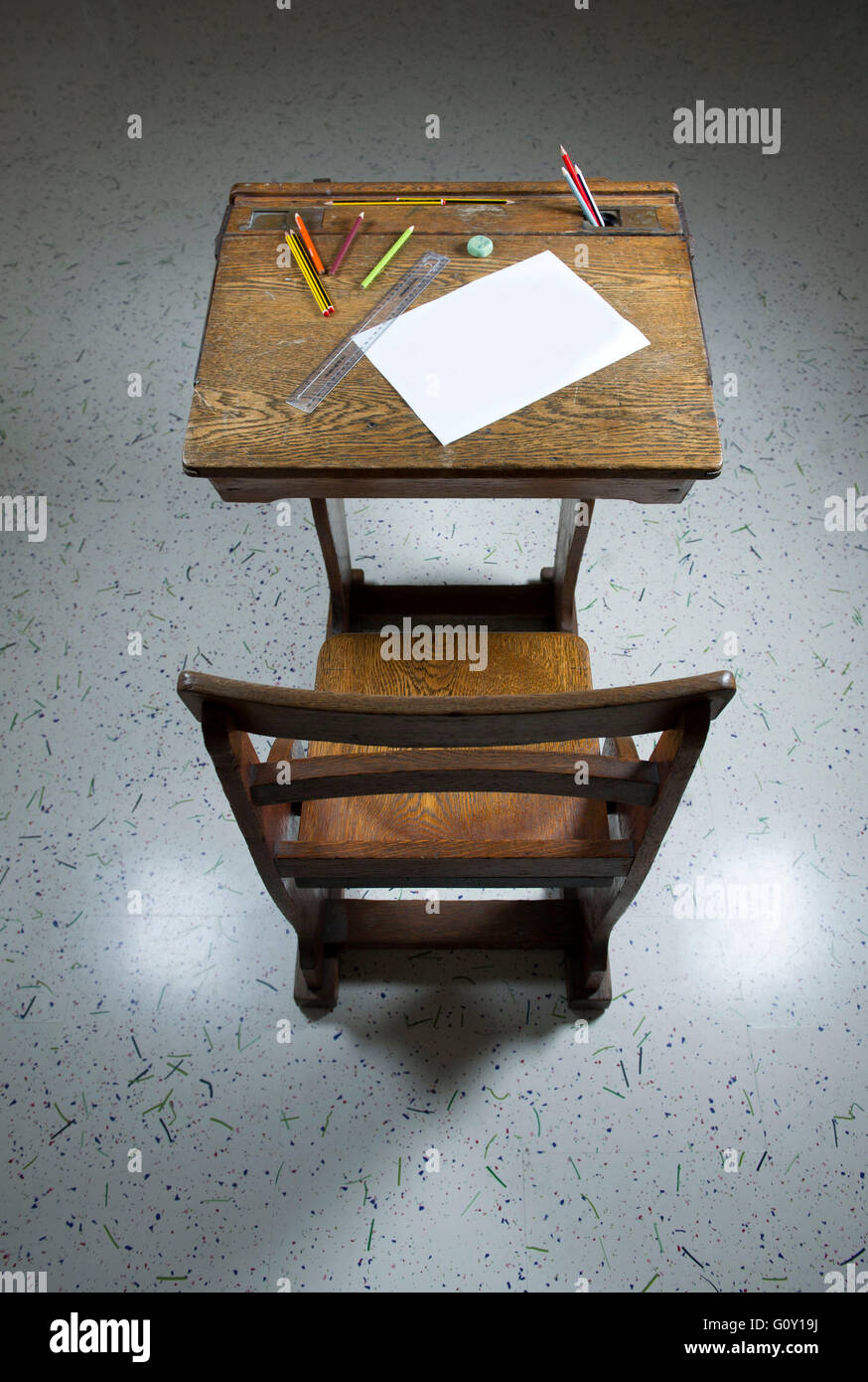 Old wooden school exam desk ready for a student to sit an exam Stock ...