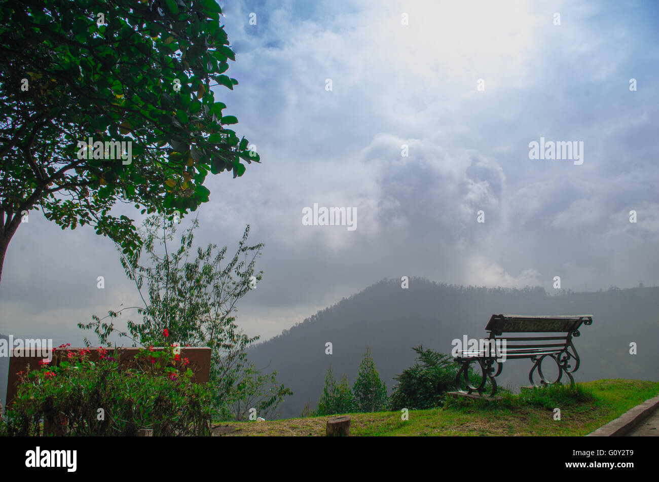 Beautiful viewpoint in the Andes mountains with benches overlooking ...
