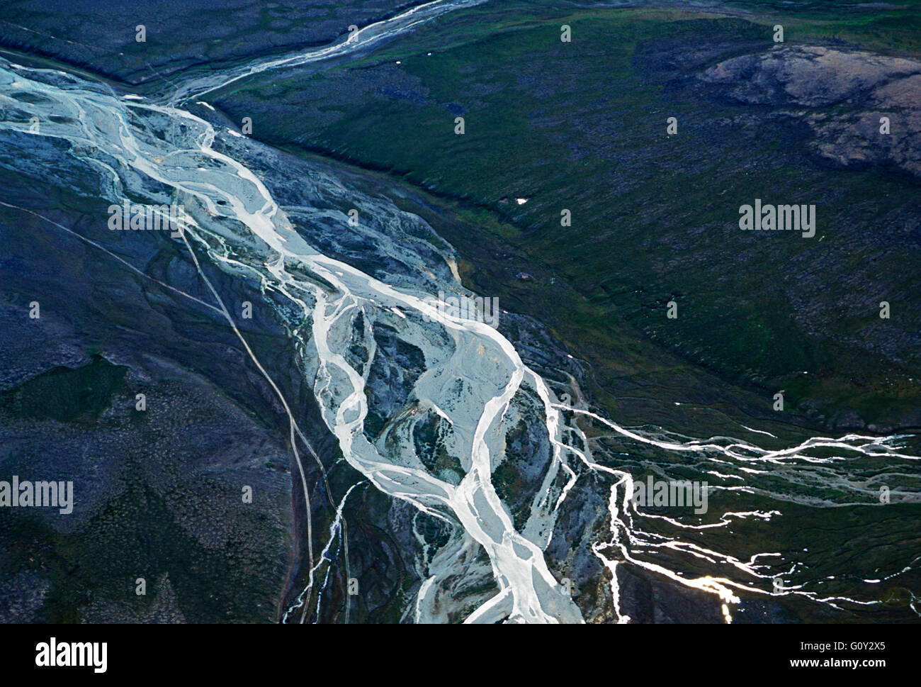 Aerial view of remote river between Provideniya & Egvekinot; Siberia ...