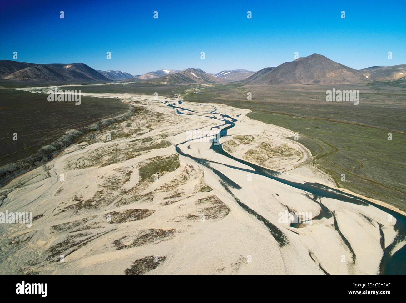 Aerial view of remote river between Provideniya & Egvekinot; Siberia ...