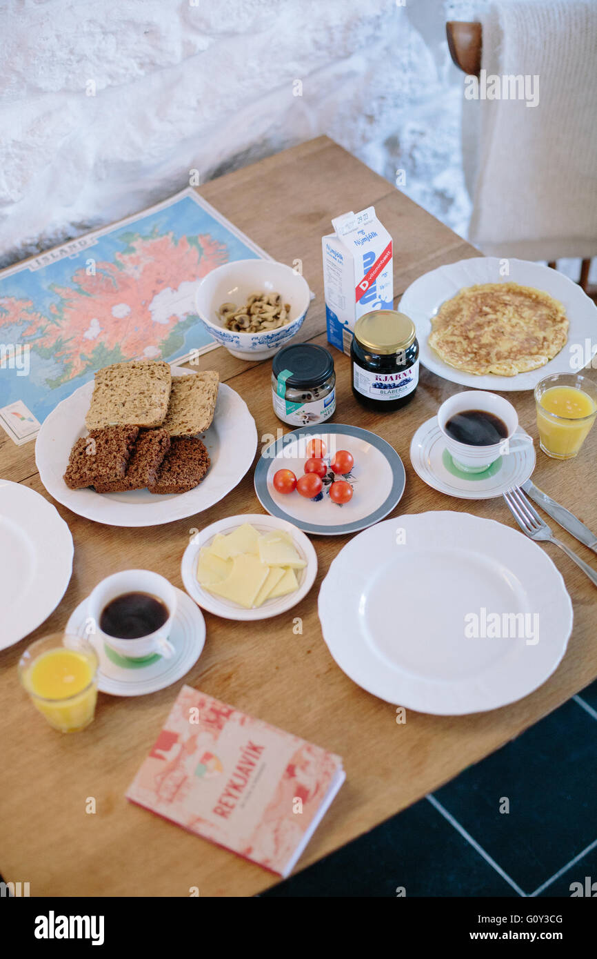 Breakfast spread on holiday at an Icelandic Cottage in Reykjavik Stock ...