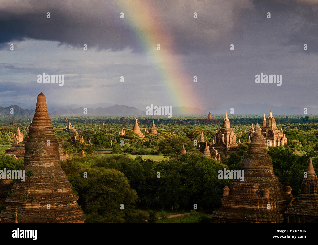 Rainbow over buddhist temples and stupes, Bagan, Mandalay, Myanmar ...