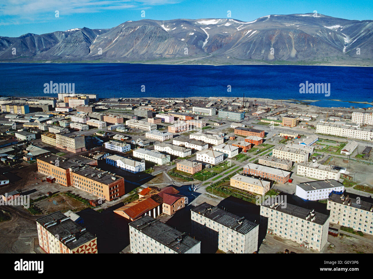 Aerial view of remote Siberian port town of Egvekinot; Magadan Region ...