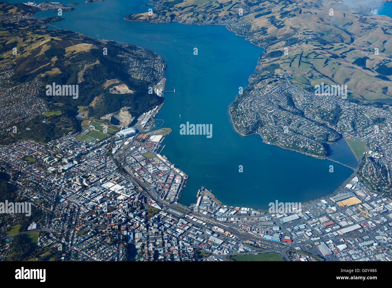 Dunedin and Otago Harbour, Otago, South Island, New Zealand - aerial ...