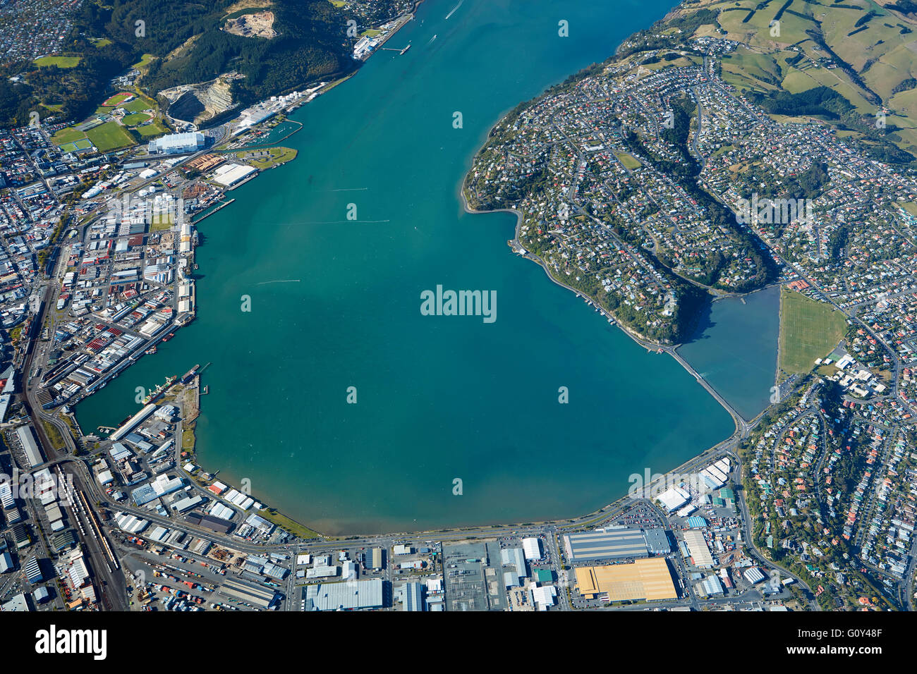 Dunedin and Otago Harbour, Otago, South Island, New Zealand - aerial ...