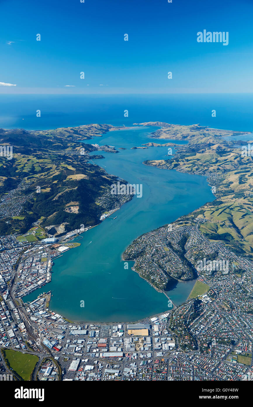 Dunedin and Otago Harbour, Otago, South Island, New Zealand - aerial ...