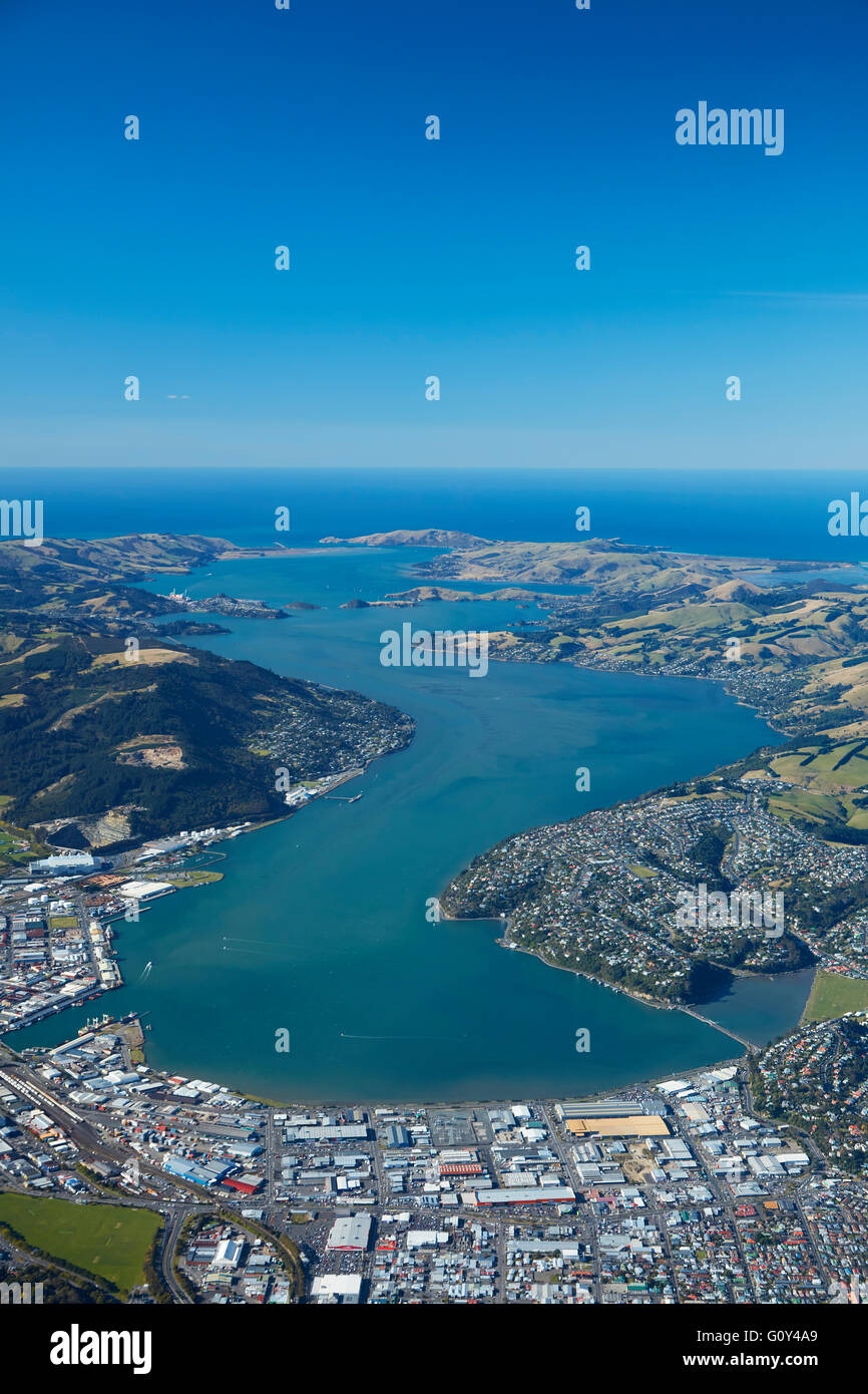 Dunedin and Otago Harbour, Otago, South Island, New Zealand - aerial ...
