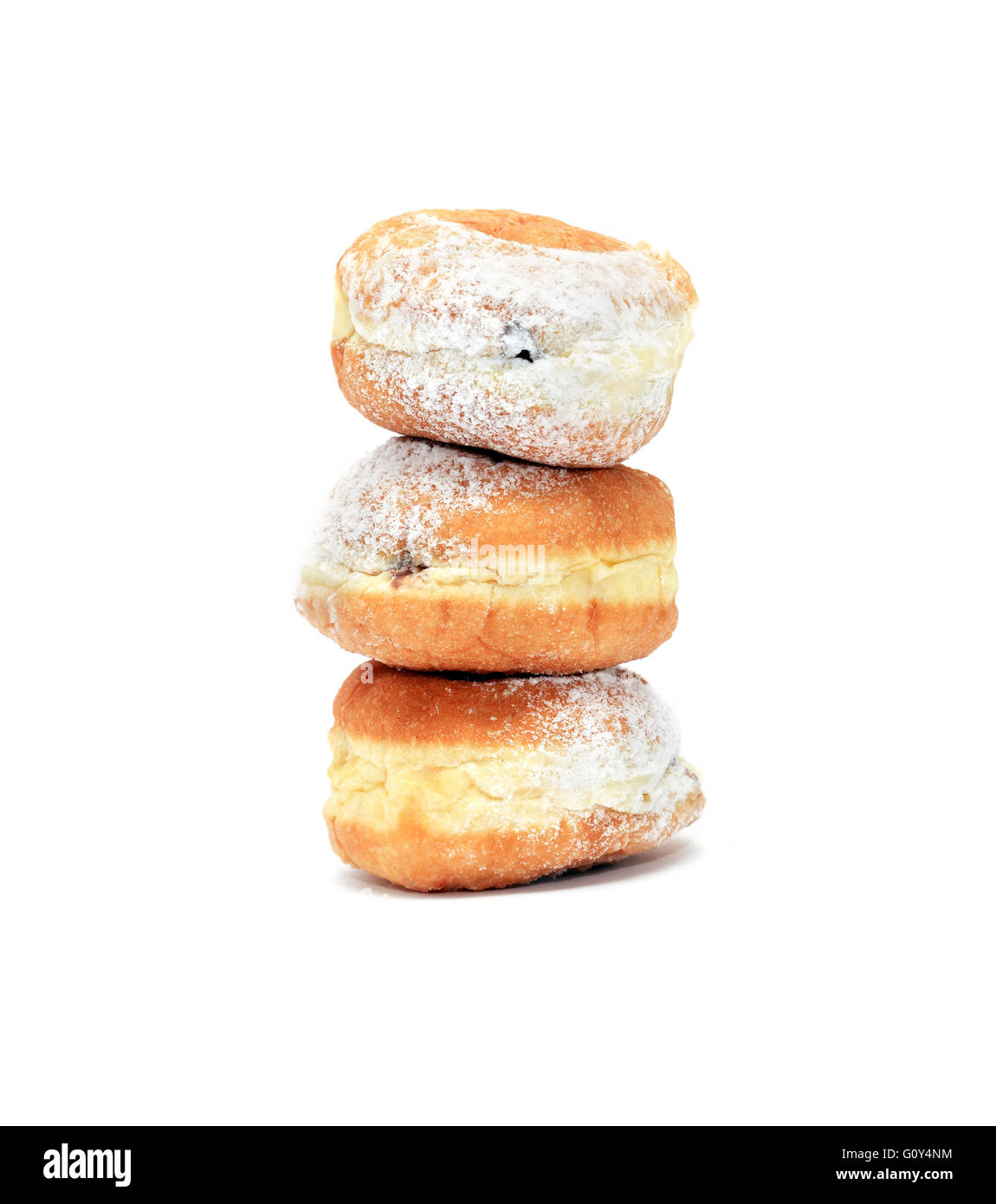 Stack of three doughnuts with sugar powder on white background Stock ...