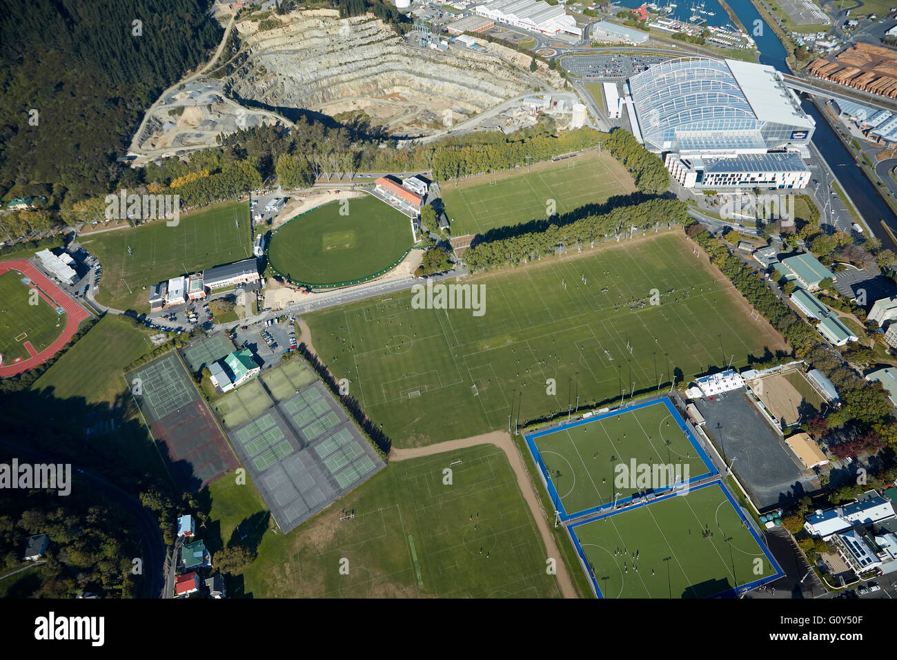 Sports fields at Logan Park, and Forsyth Barr Stadium, Dunedin, South ...
