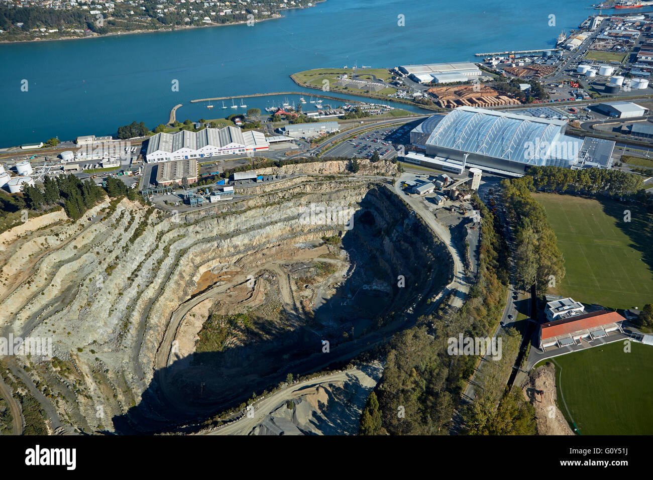 Palmers Quarry, Forsyth Barr Stadium, and Otago Harbour, Dunedin, South ...