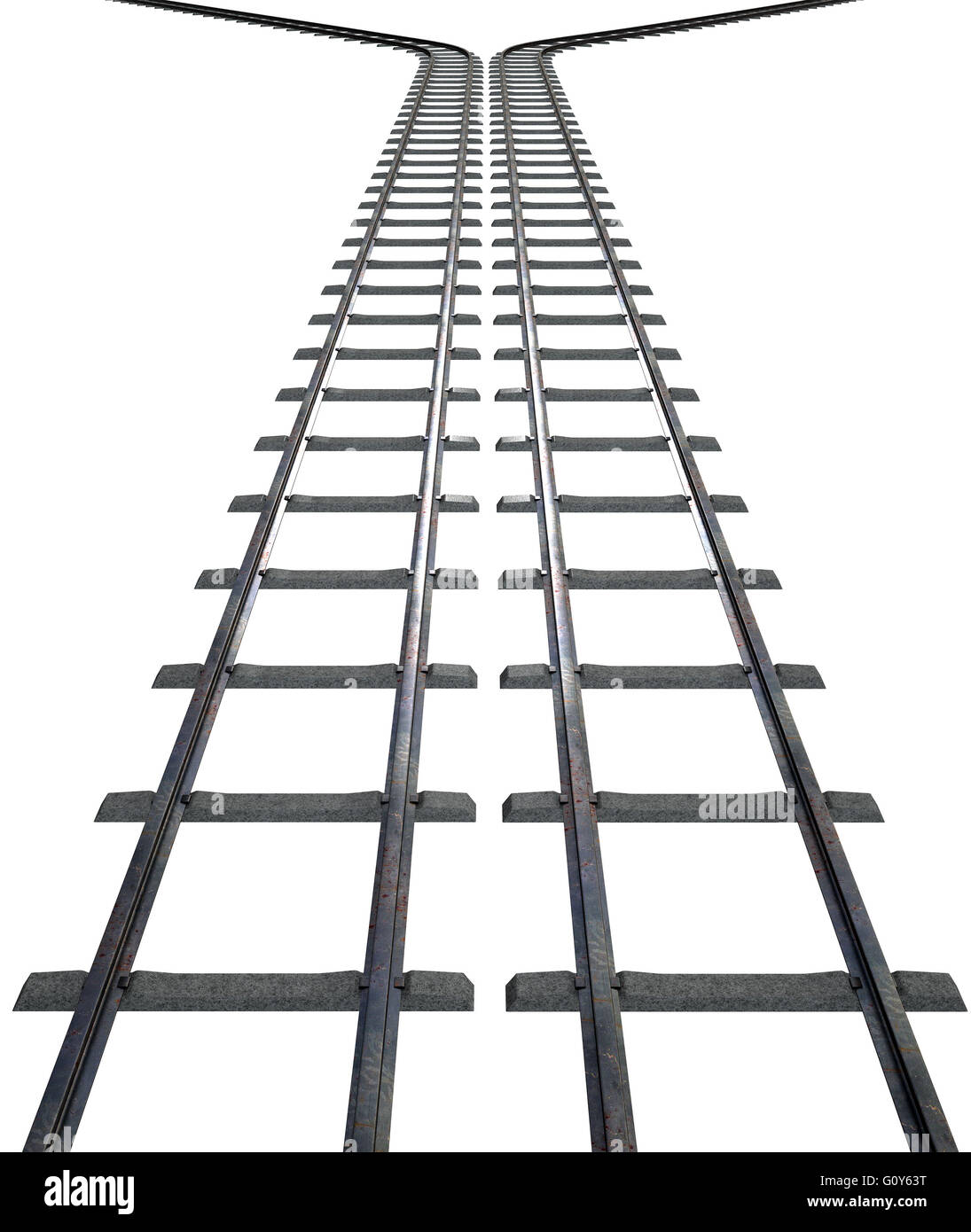 A train track that splits into two directions on an isolated white ...