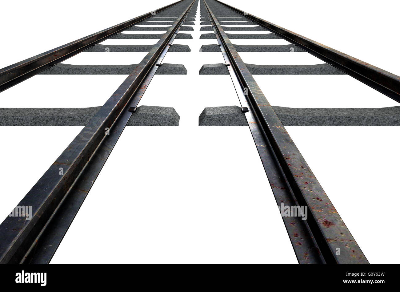 A train track that splits into two directions on an isolated white ...