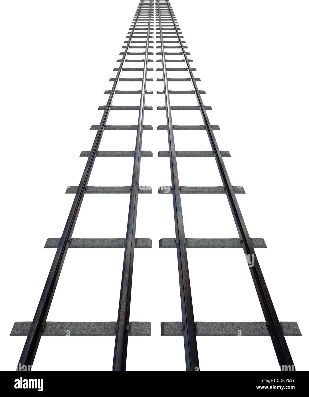 A train track that splits into two directions on an isolated white ...