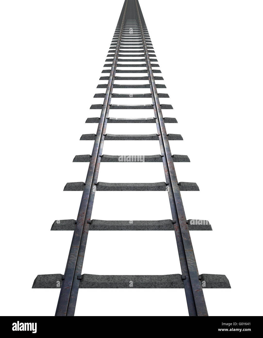 A train track disappearing into the distance on an isolated white ...