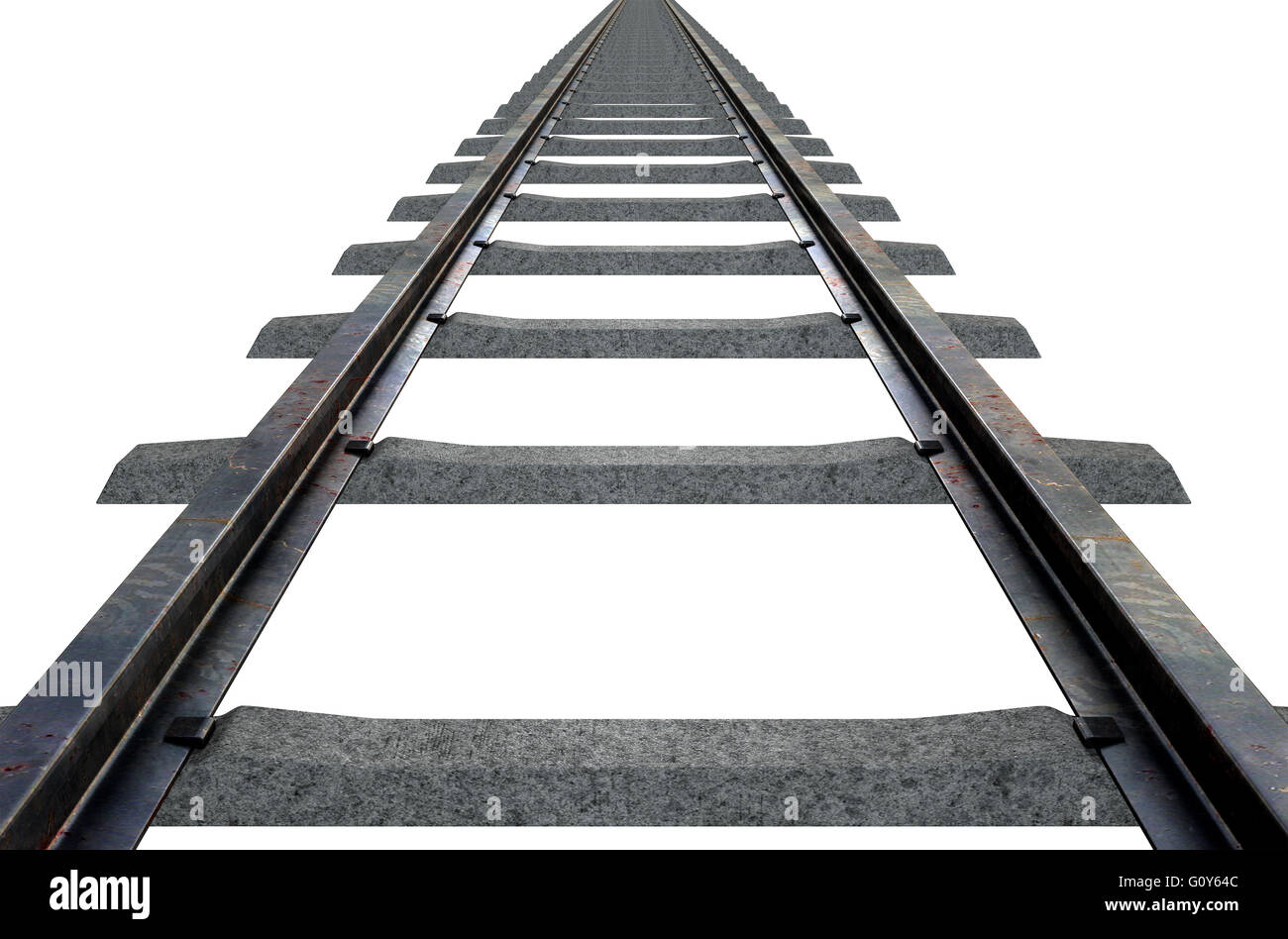 A train track disappearing into the distance on an isolated white ...