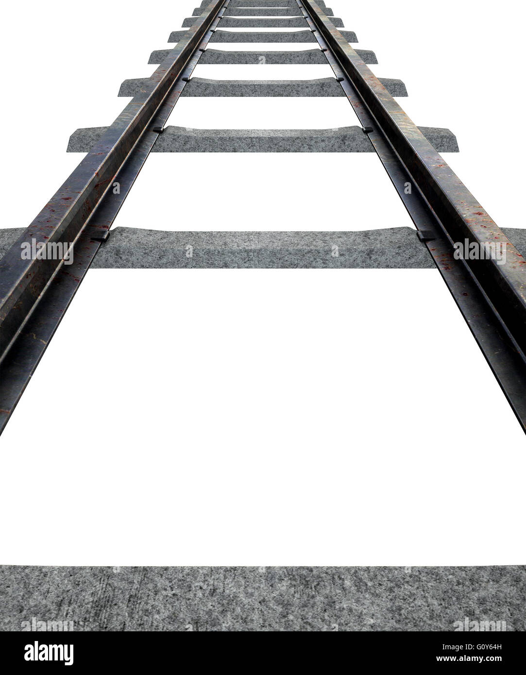 A train track disappearing into the distance on an isolated white ...