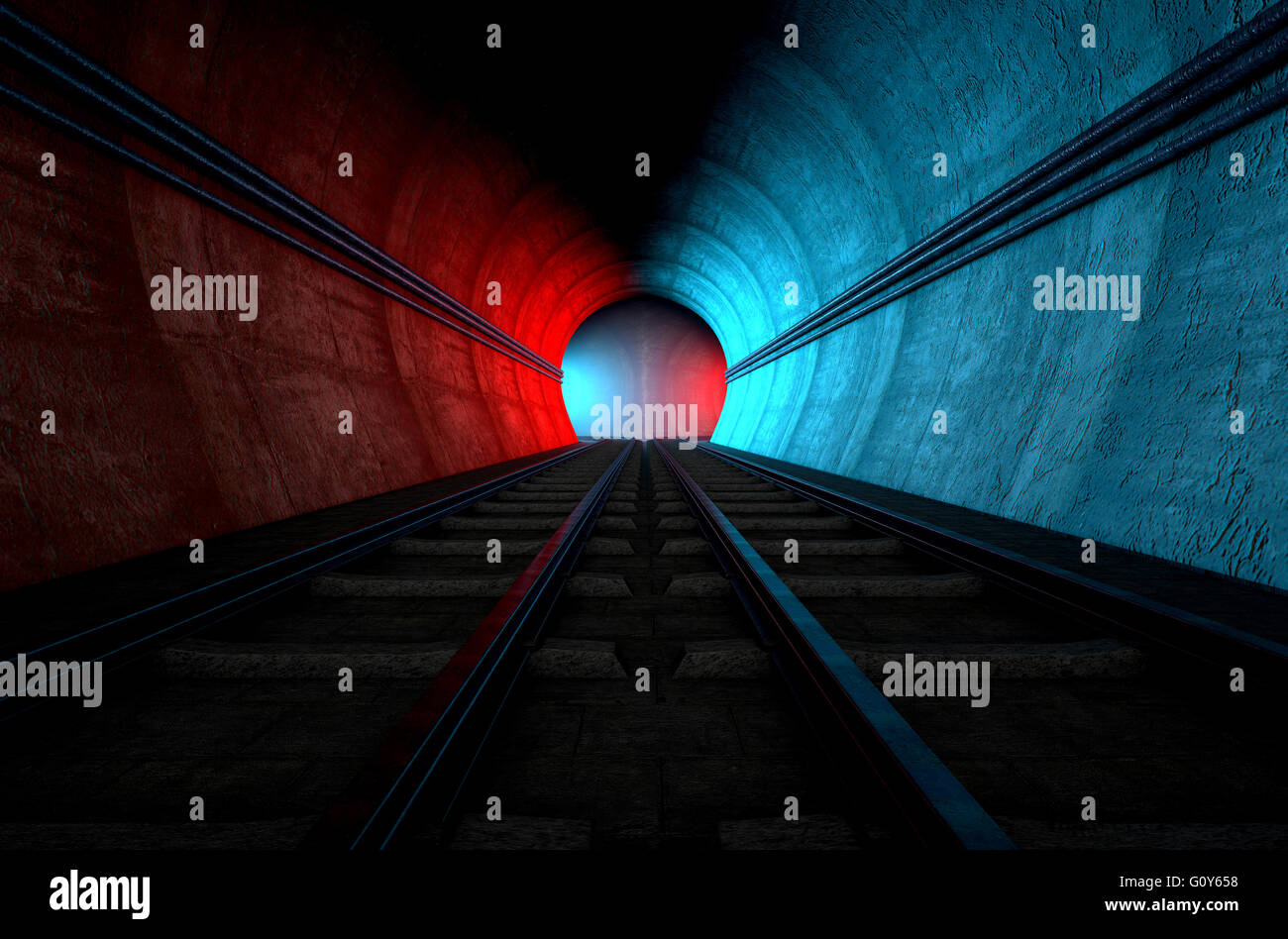 A brick underground train tunnel that splits into two directions in the ...