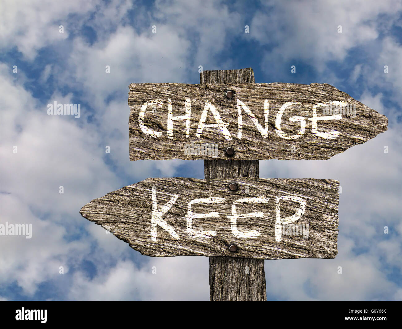 Change vs. Keep Old Wood Signpost Stock Photo - Alamy