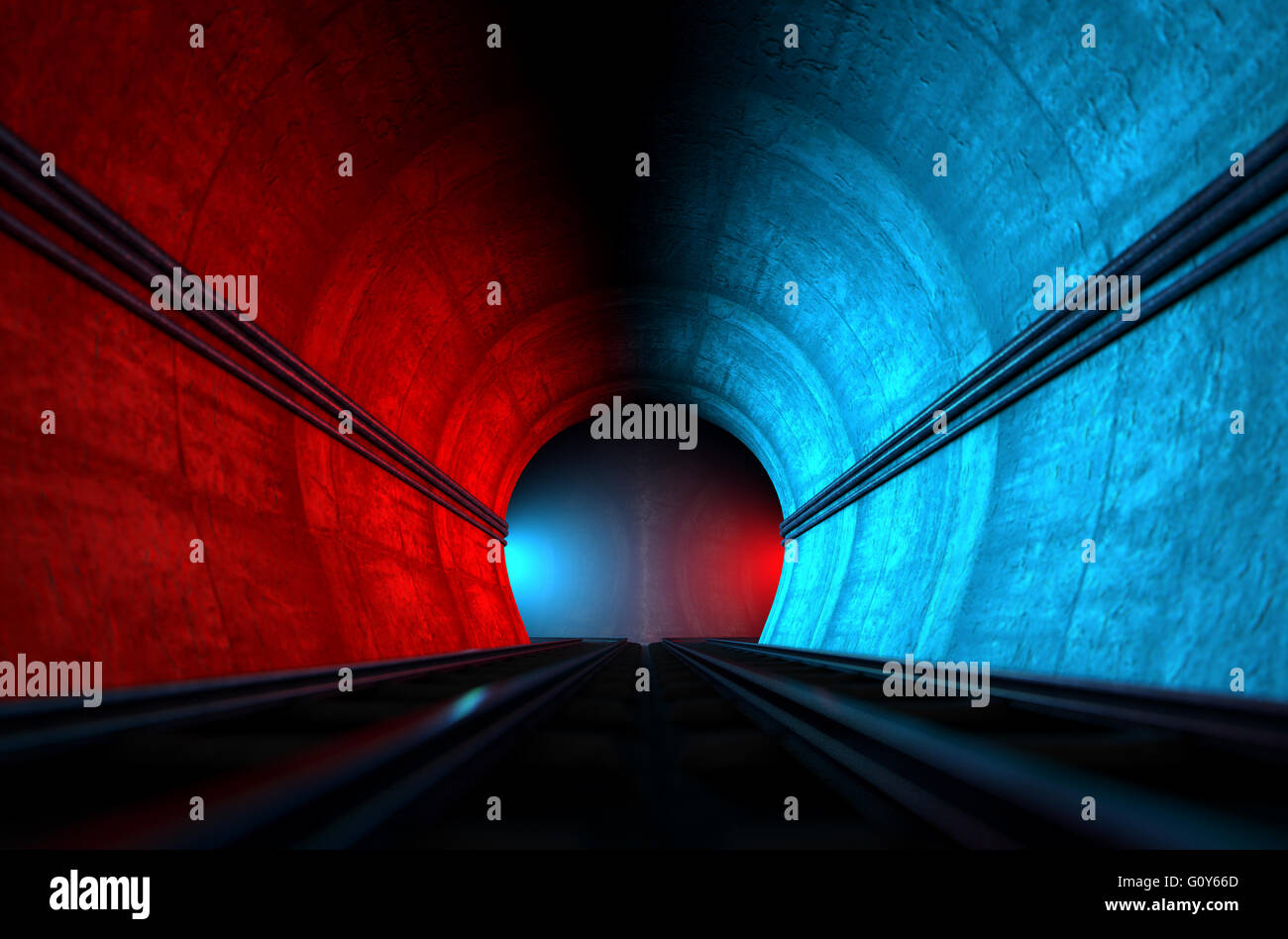 A brick underground train tunnel that splits into two directions in the ...
