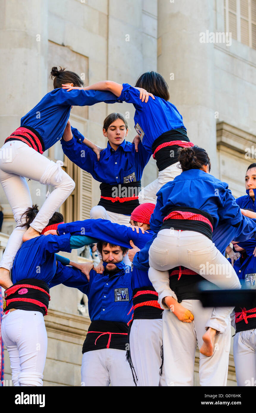 Castellers build human towers in Barcelona Catalonia Spain, a ...