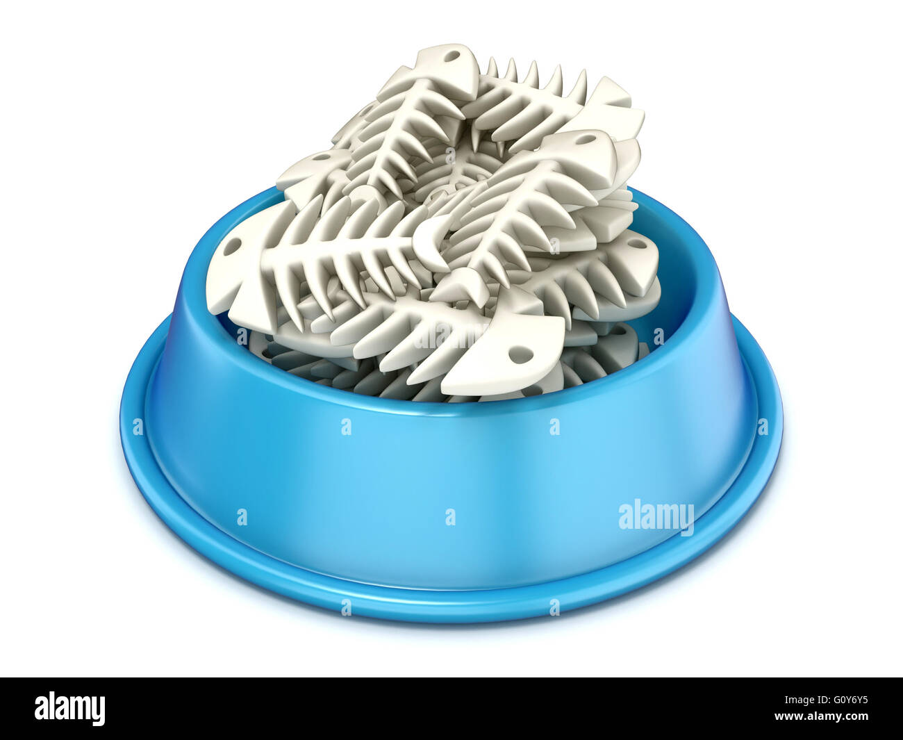 Blue cat bowl with fish bones. 3D render illustration isolated on white ...