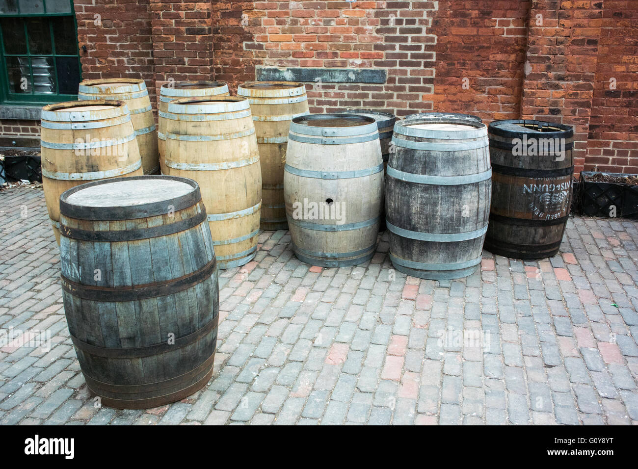 Whiskey barrels outside building in Toronto's Distillery District Stock ...