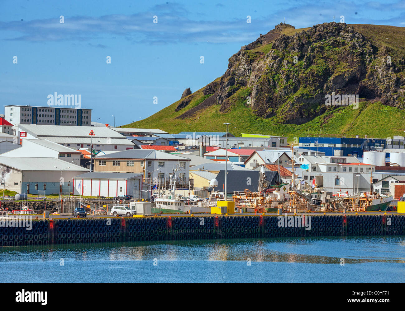 The busy active Heimaey Island harbor and docks. 3rd Aug, 2015. The ...
