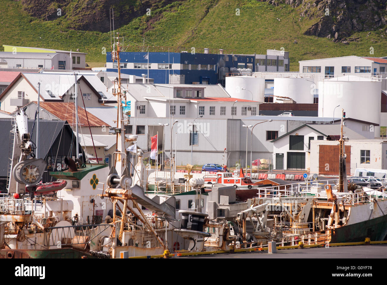The busy active Heimaey Island harbor and docks. 3rd Aug, 2015. The ...