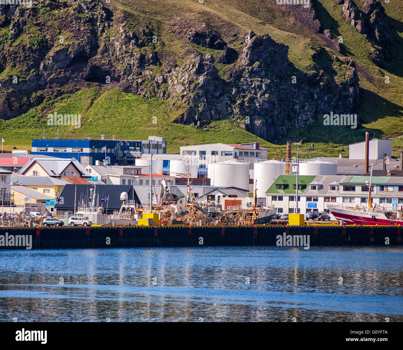 The busy active Heimaey Island harbor and docks. 3rd Aug, 2015. The ...