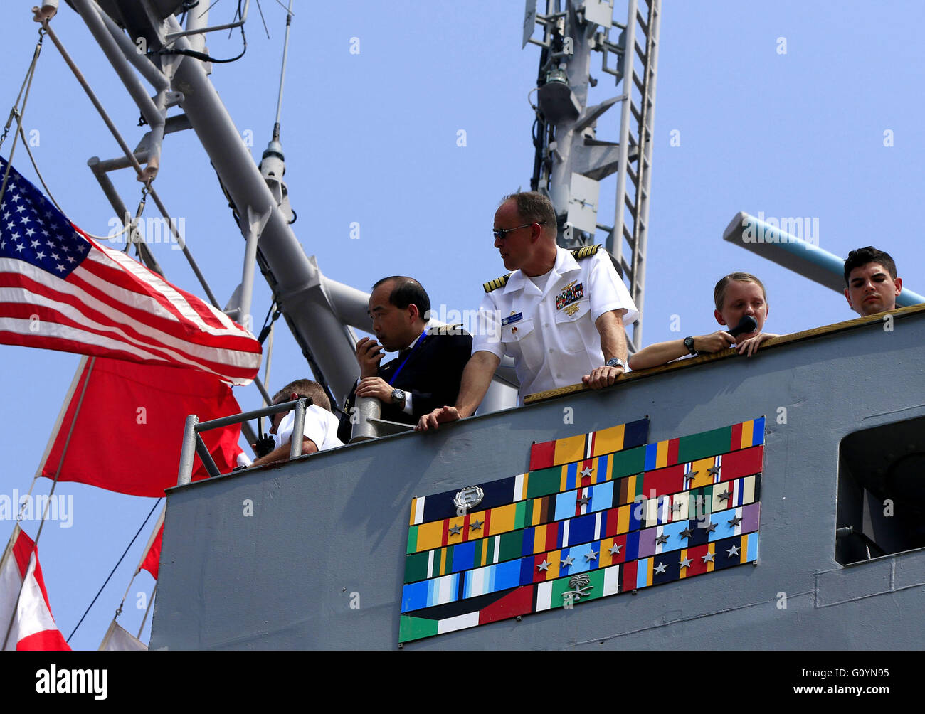 Shanghai, China. 6th May, 2016. Personnel on board the flagship "USS ...
