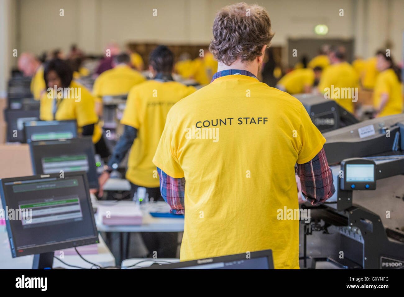 London, UK. 6th May, 2016. The DRS count machines operated by colour ...