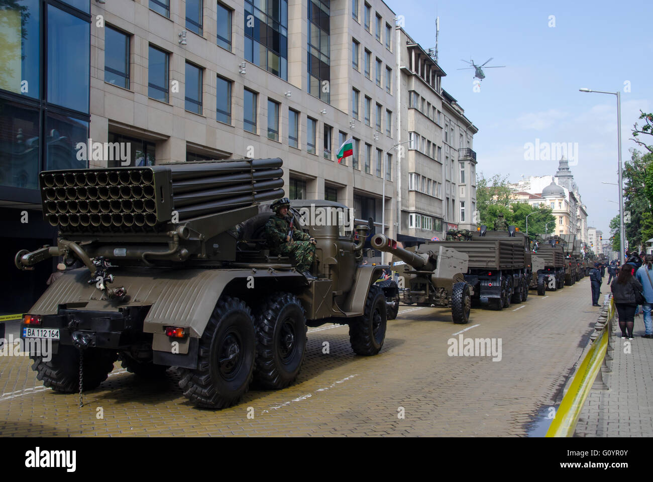 Sofia, Bulgaria, 6 May, 2016. Military column on a central street in ...
