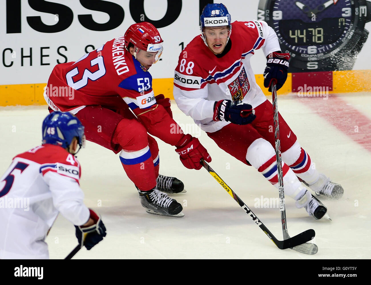 Moscow, Russian Federation. 06th May, 2016. From right: David Pastrnak ...