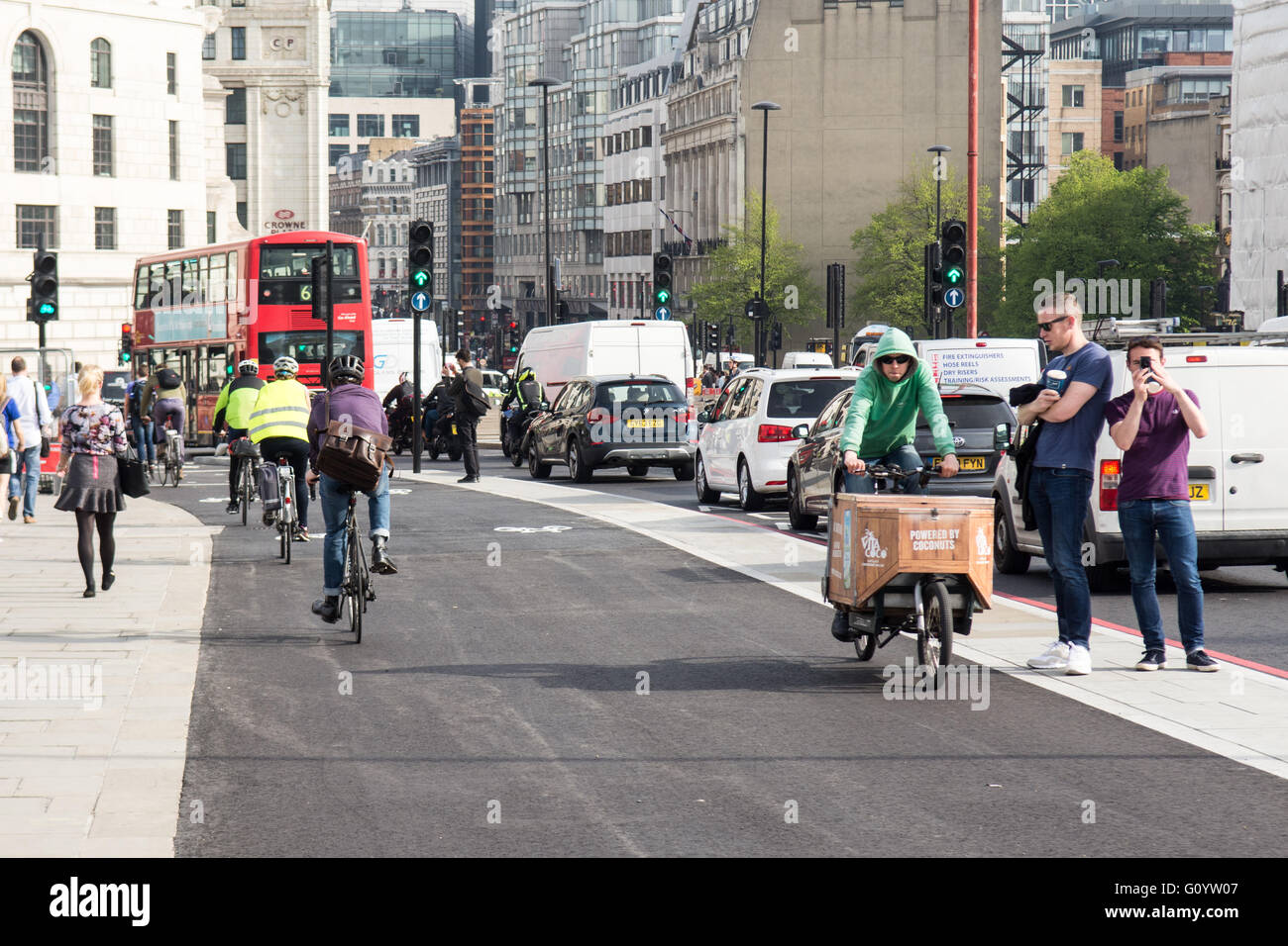 London, UK. 6th May, 2016. Two new "segregated cycle superhighway ...